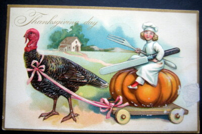 THANKSGIVING DAY -Turkey pulling Cook on Pumpkin Cart | eBay