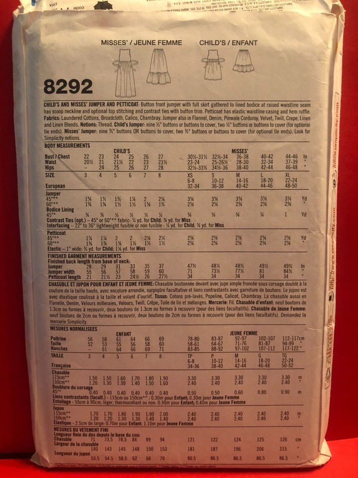 Simplicity Pattern 8292 MISSES & CHILDS JUMPER & PETTICOAT Sz XS-XL & 3 ...