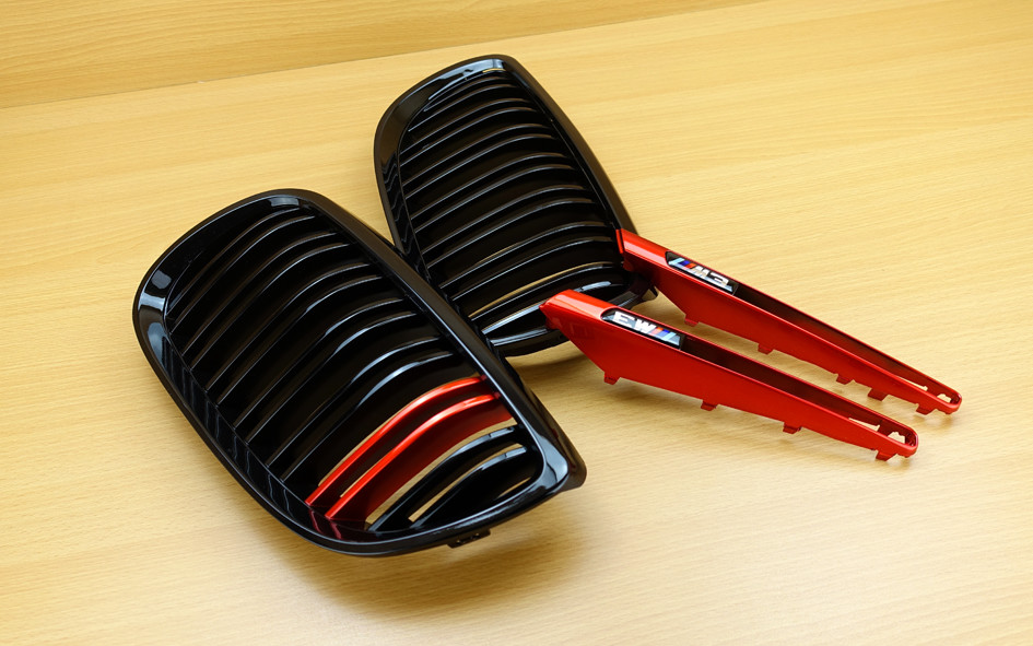 M Style Front Grille Shiny Black Red Metallic Side Vent Fender BMW E92 ...