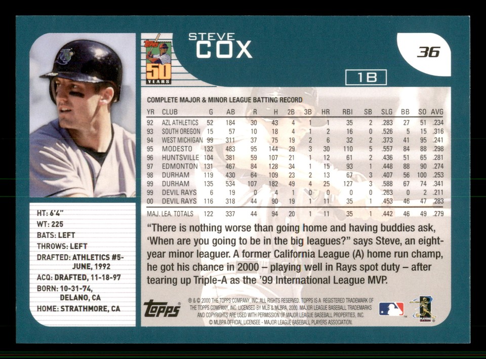 2001 Topps Steve Cox #36 Tampa Bay Devil Rays | eBay