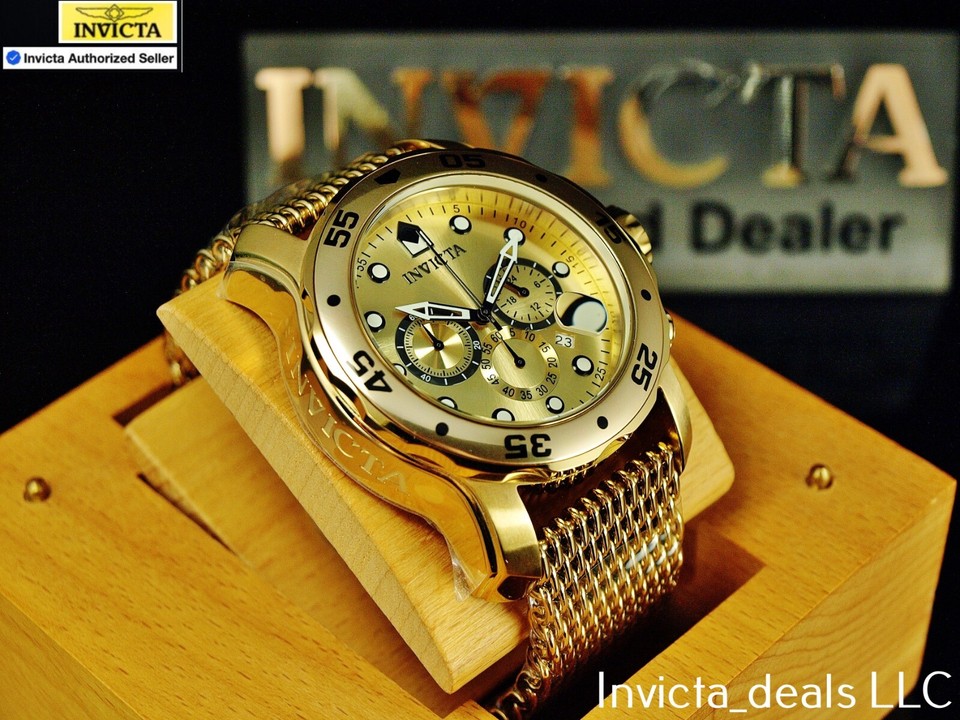 Invicta Men's 48mm PRO DIVER Scuba Chronograph GOLD DIAL Gold Tone Mesh ...