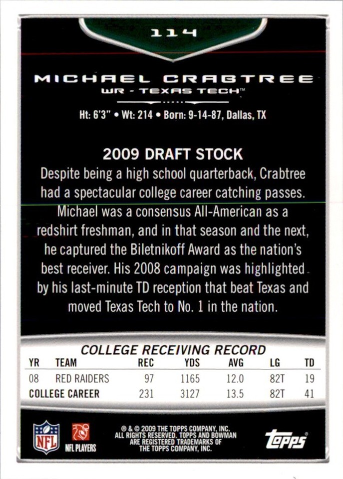 2009 Bowman Draft Picks Rookie Michael Crabtree RC Texas Tech Red ...