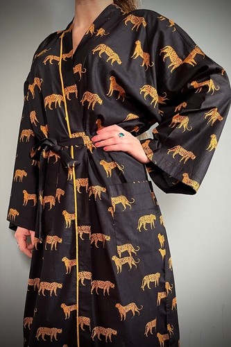 New Indian Black Tiger Print Women's Kimono Cotton Bath Robes Maxi ...