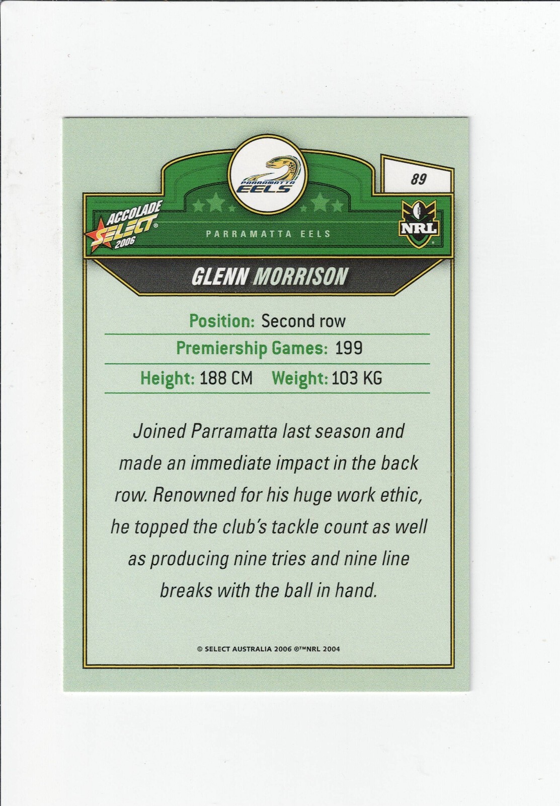 2006 Select NRL Accolade Rugby League Glenn Morrison #89 (Parramatta ...
