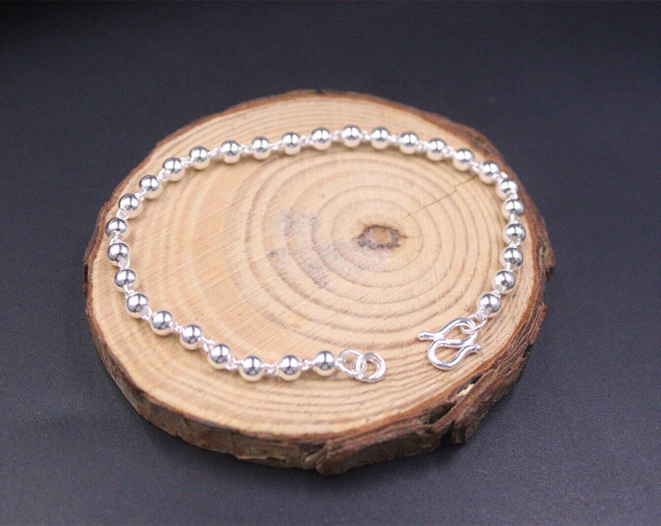 Pure S999 Fine Silver 999 Chain Men Women 4mm Beads Link Bracelet 7 ...