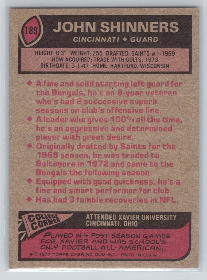 1977 Topps #189 John Shinners RC Rookie - Bengals - NmMt+ | eBay