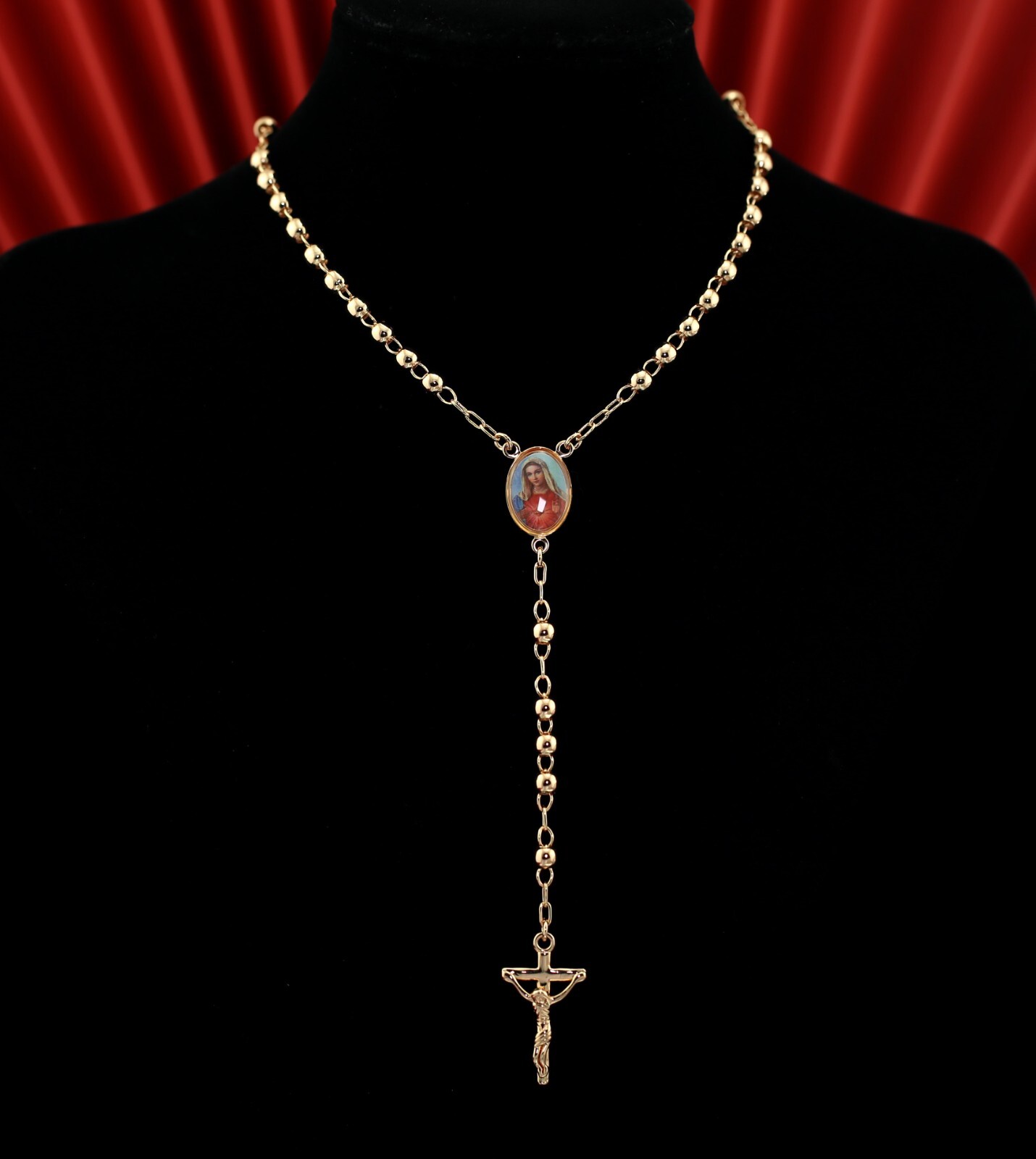18K ROSE GOLD GF HAIL MARY ROSARY PRAY BEAD MARIA CROSS CHAIN NECKLACE ...