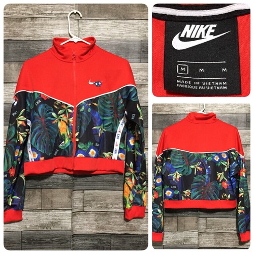 Nike Floral Track Jacket Crop Women’s M Red Full Zip Pockets Polyester ...