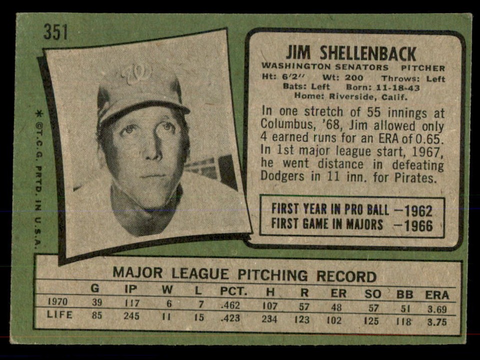 1971 Topps Baseball #351 Jim Shellenback EX | eBay