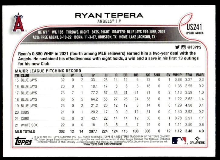 2022 Topps Update Ryan Tepera Los Angeles Angels #US241 | eBay