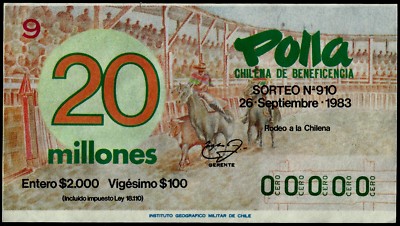 CHILE, LOTTERY TICKET, "POLLA CHILENA", GAME # 910, YEAR 1983, NUMBER ...