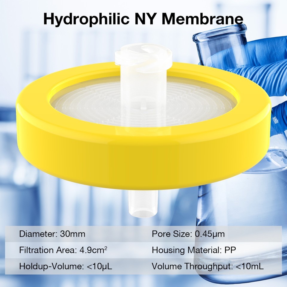 1000x Nylon Syringe Filter 0.45μm Pore Size 30mm Diameter Yellow Wheel ...