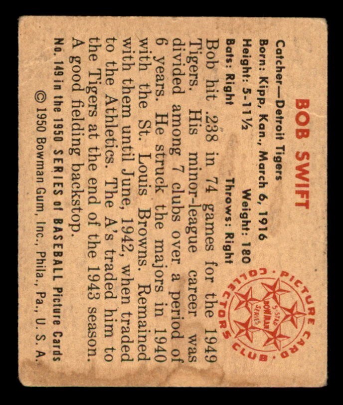 1950 Bowman Baseball #149 Bob Swift GD | eBay