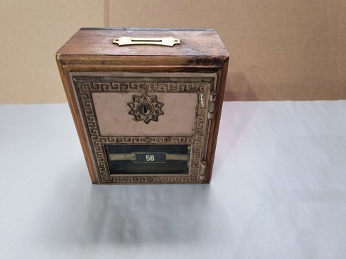 Bank Post Office Box Brass Mail Door HOMEMADE Wooden Bank *MISSING KEY ...