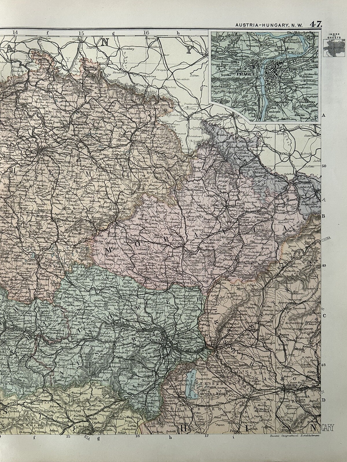 1893 Bohemia Moravia Austria + insets of Prague Vienna Antique Map by G ...