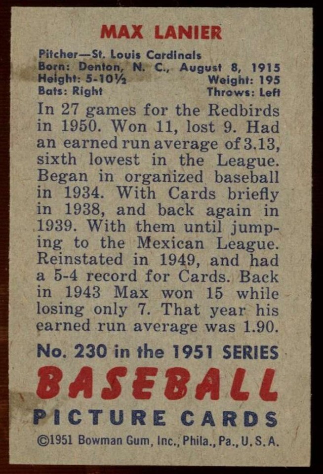 1951 Bowman #230 Max Lanier NM Cardinals 72972 | eBay