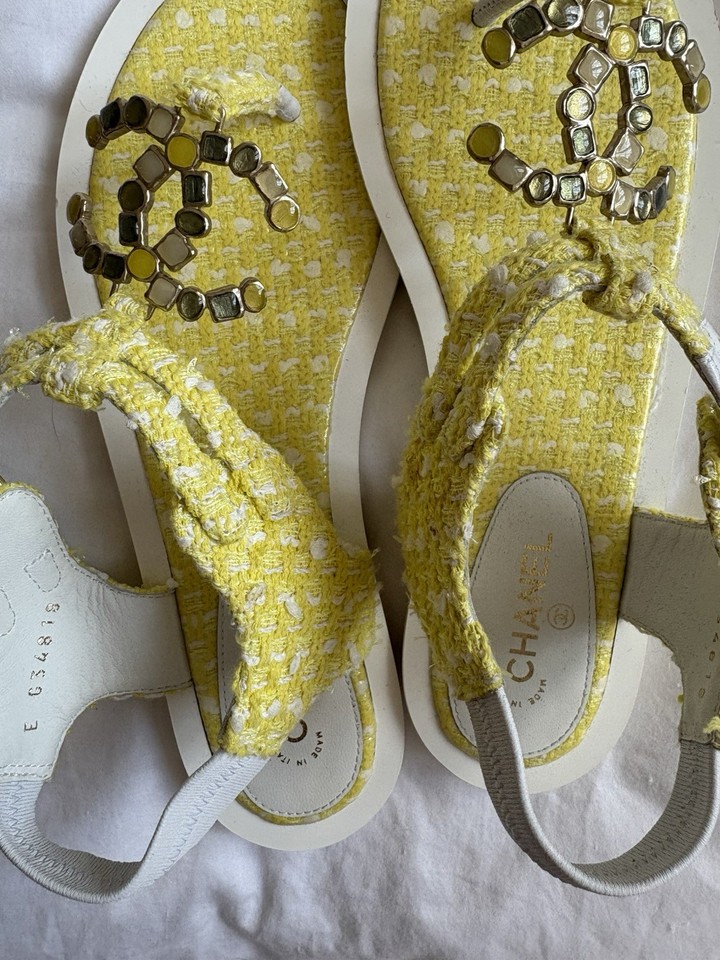 Chanel Interlock CC Logo Yellow Tweed Sandals Flats 37 | eBay UK
