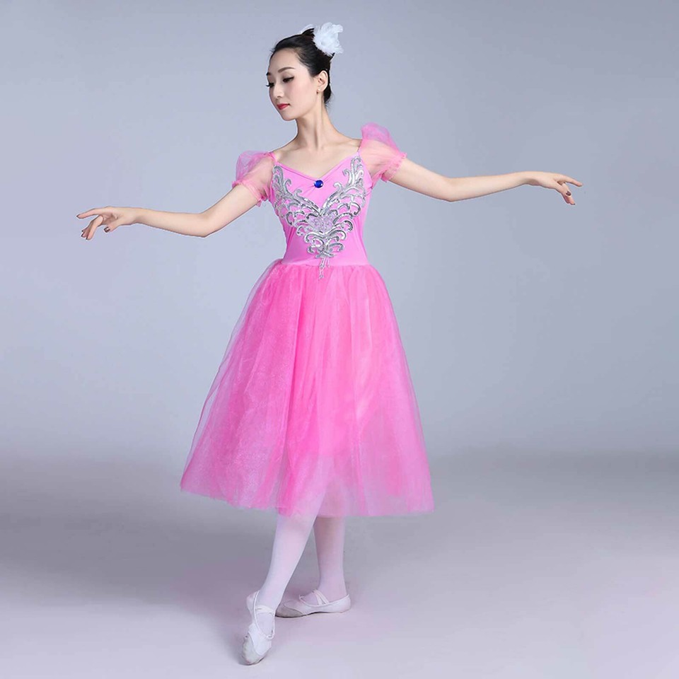 Womens Ballet Dance Mesh Tulle Long Dress Ballerina Swan Lake Princess ...