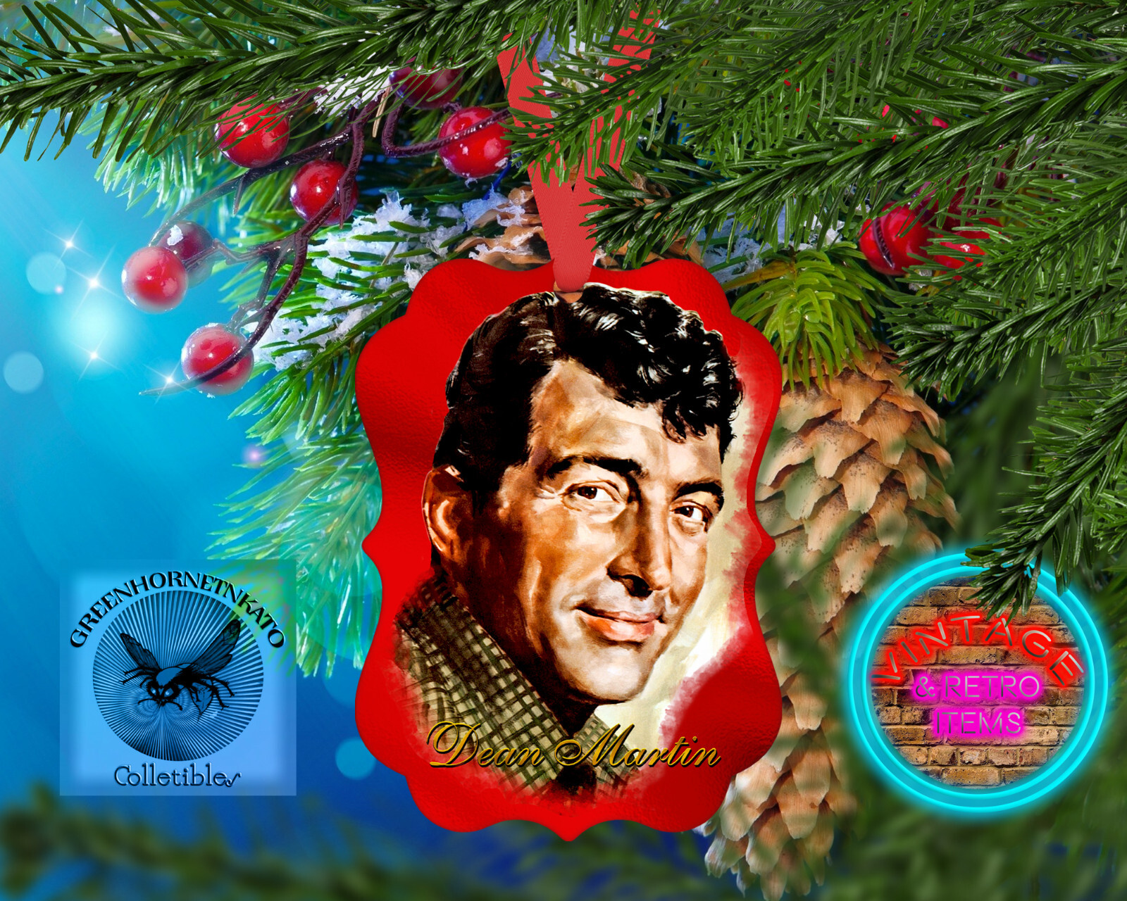DEAN MARTIN Aluminum Benelux Shape 2 Sided Christmas Ornament w Ribbon ...