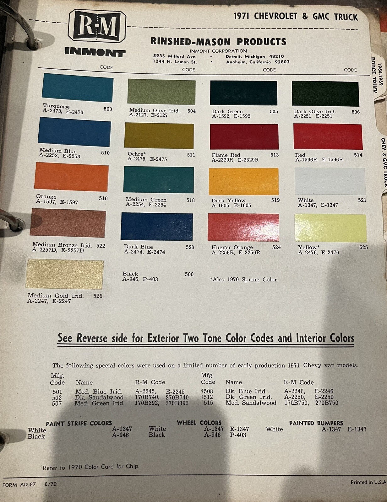 1971 Chevy & GMC Truck Paint Chip Color Code Sample Sheet Rinshed Mason ...