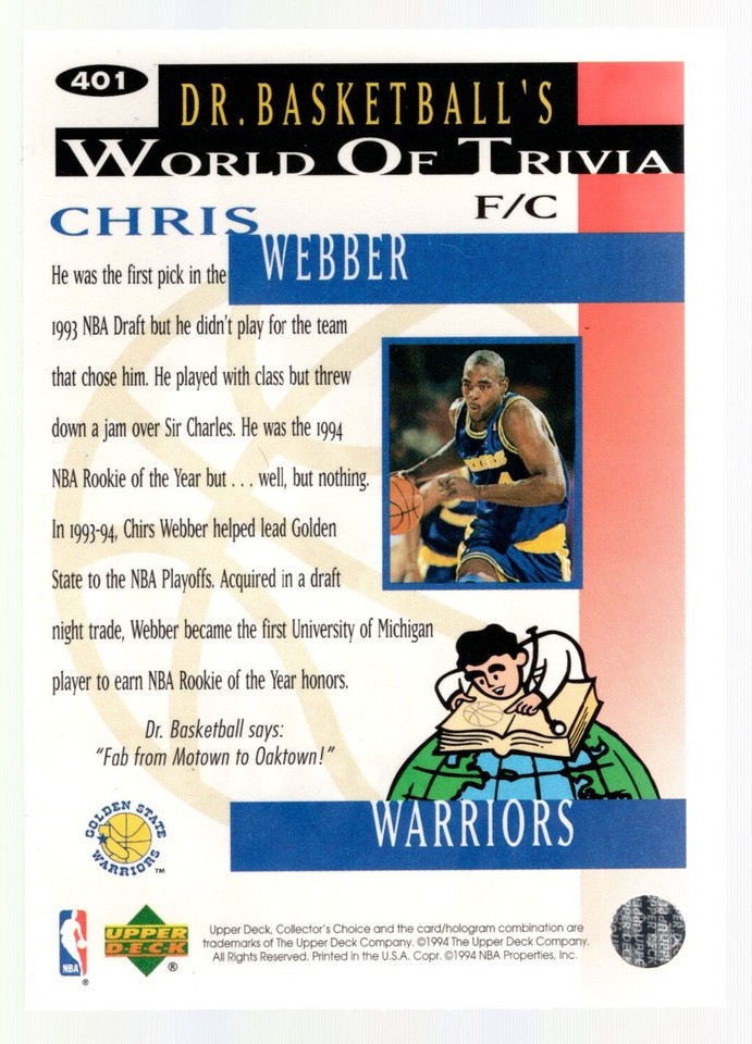 1994-95 COLLECTOR'S CHOICE SILVER SIGNATURE CHRIS WEBBER CARD #401 **NM ...