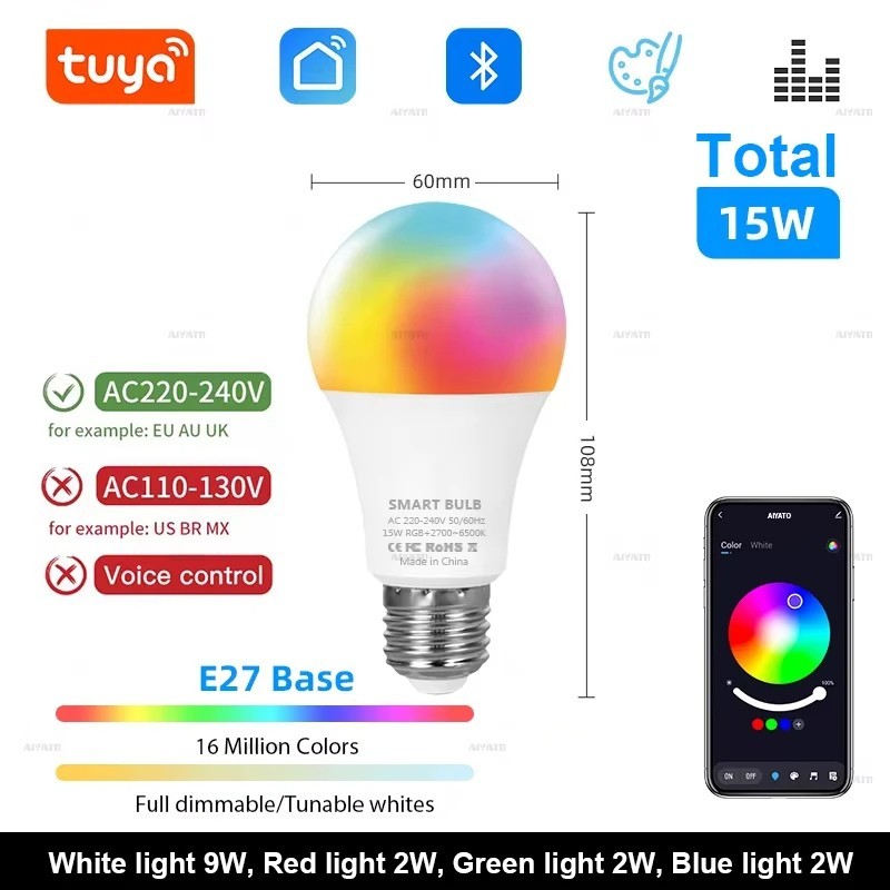 Smart LED Bulb E27 B22 APP Control Dimmable Light Bluetooth RGB Lamp ...