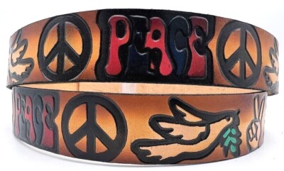 PEACE SIGN EMBOSSED COWHIDE LEATHER BELT SIZE USA MADE | eBay