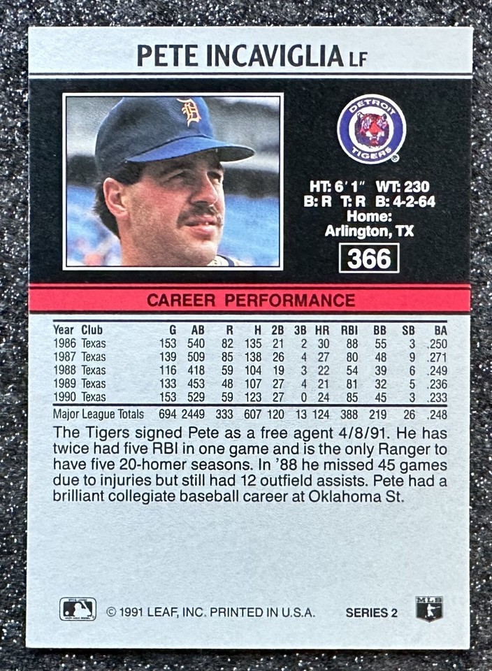 1991 Leaf Pete Incaviglia #366 Detroit Tigers Baseball Card | eBay