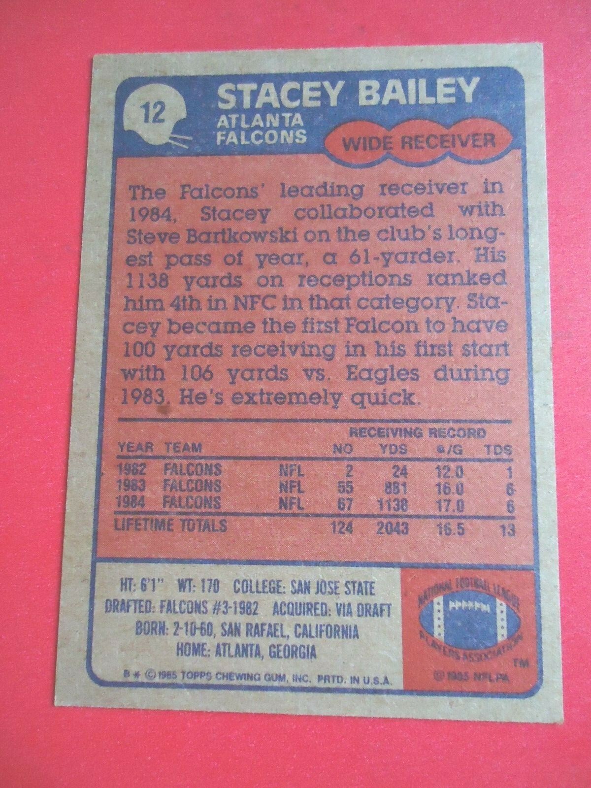 Stacey Bailey - 1985 Topps Autographed Football card # 12 - Atlanta ...
