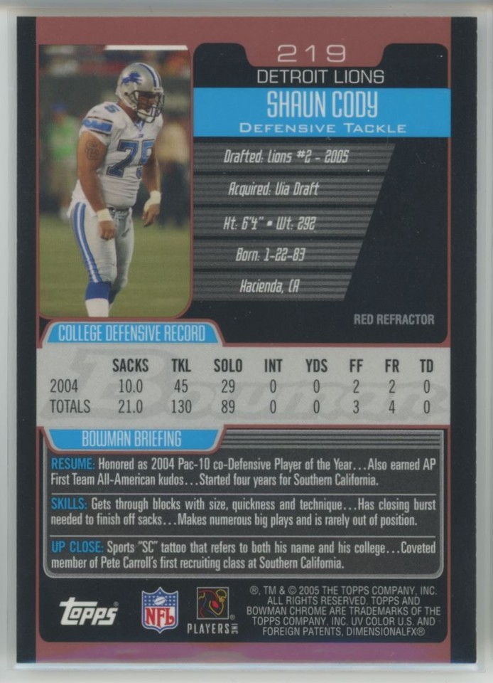 2005 Bowman Chrome Shaun Cody Rookie Detroit Lions #219 | eBay