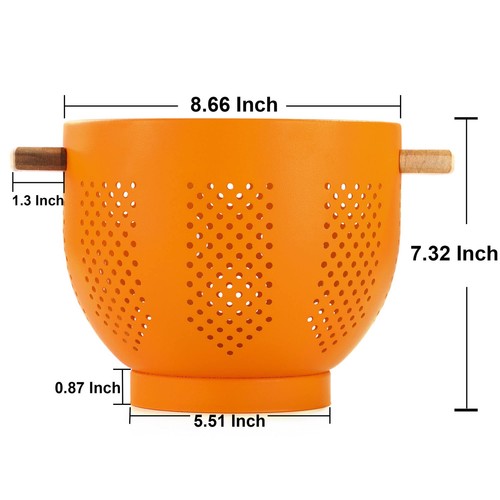 Metal Colander with Wood Handle and Stable Base, Powder Coated Steel ...