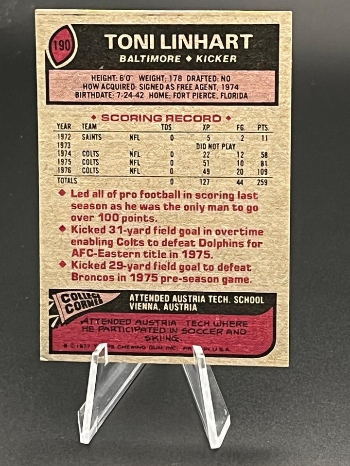 1977 Topps Football #190 Toni Linhart Baltimore Colts EX | eBay