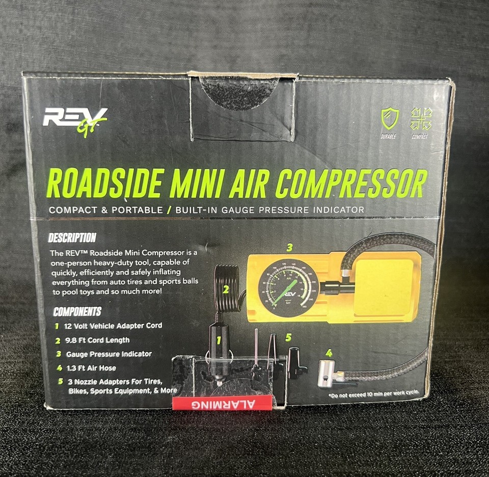 Rev GT Roadside Mini Yellow Air Compressor Compact & Portable 12 volt ...