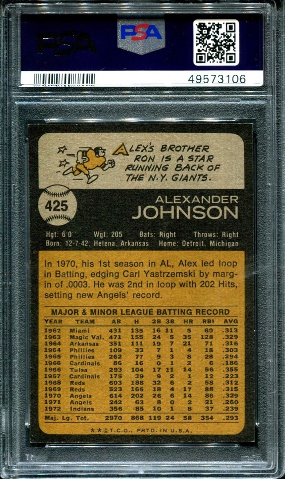 1973 Topps #425 Alex Johnson PSA 7 NM | eBay