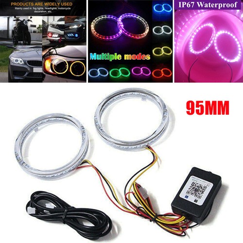 2X 95mm RGB LED Angel Eyes Light Halo Ring Kit Waterproof Bluetooth APP ...