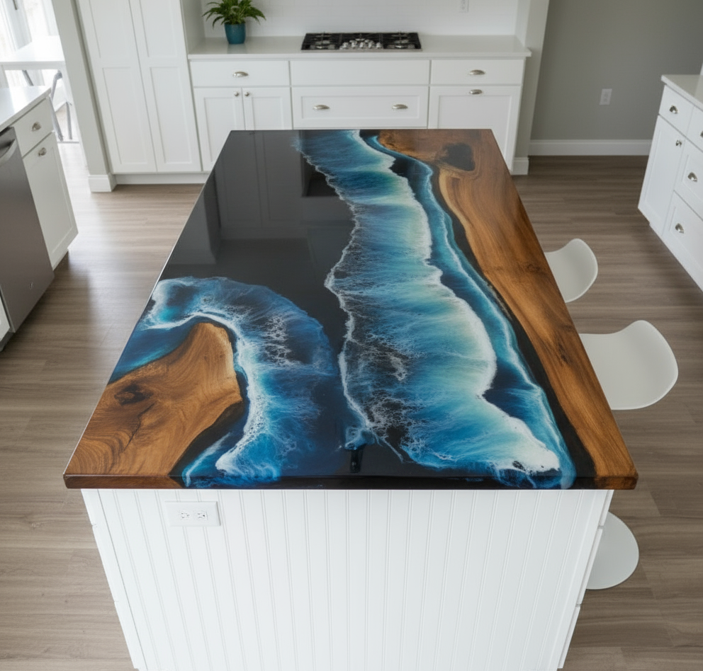 Ocean Epoxy Kitchen Island Table Top | Blue Resin Countertop | Modern ...