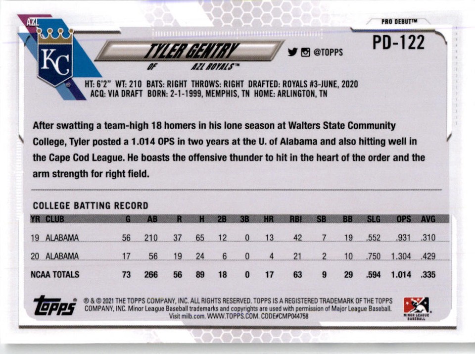 2021 Topps Pro Debut Baseball Tyler Gentry #PD-122 | eBay