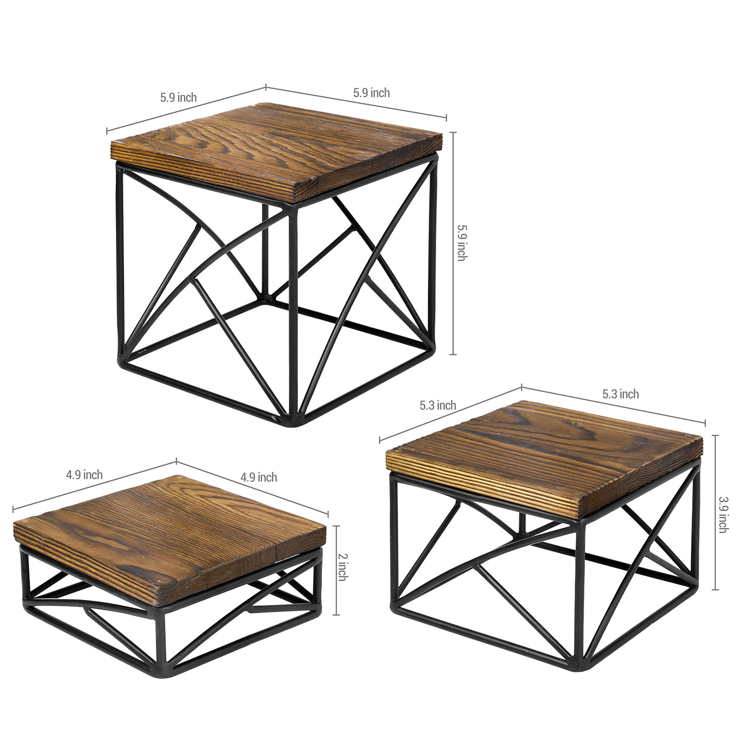 Square Dark Brown Wood & Black Metal Wire Nesting Food Display Risers ...