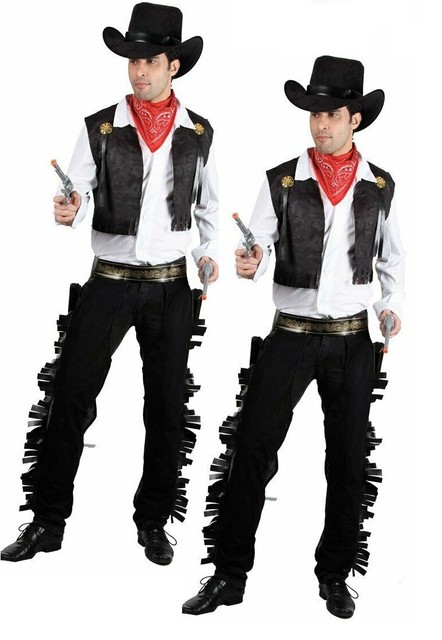 New Mens Adult Black Western Cowboy Gunslinger Fancy Dress Costume Wild ...
