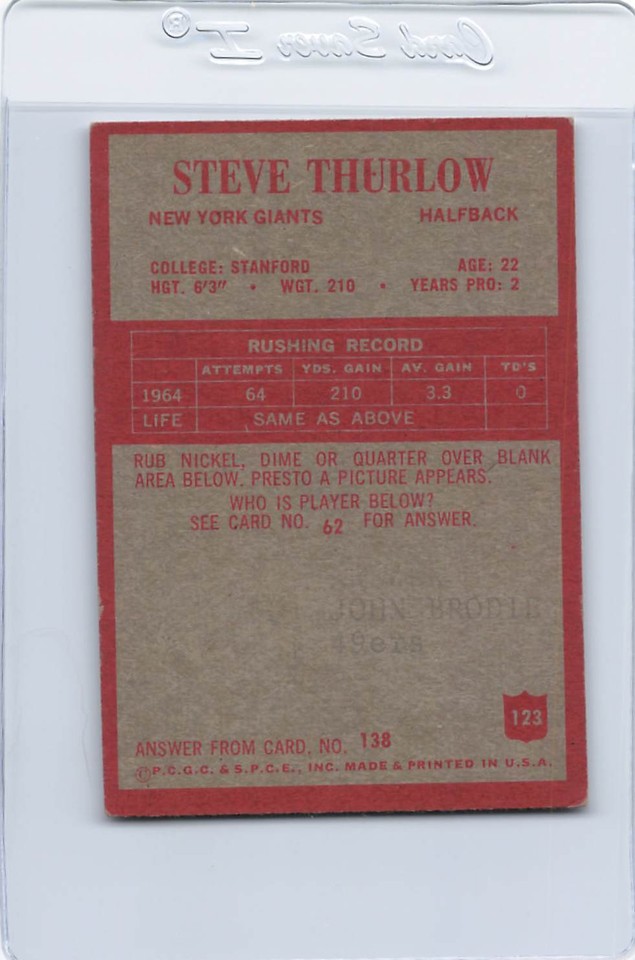 1965 Philadelphia #123 Steve Thurlow Giants EX/MT *DA-C8455 | eBay