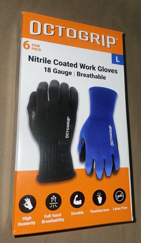 New Octogrip 6 Pair Nitrile Coated Grip Work Gloves Size: L Large Black And Blue | eBay