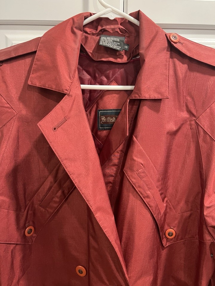 British Mist Womens Belted Long Trench Coat Rust Red Double Breasted Sz ...
