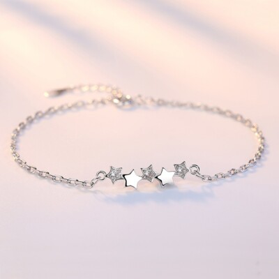 925 Sterling Silver Crystal Star Linked Charm Bracelet Women Girls ...