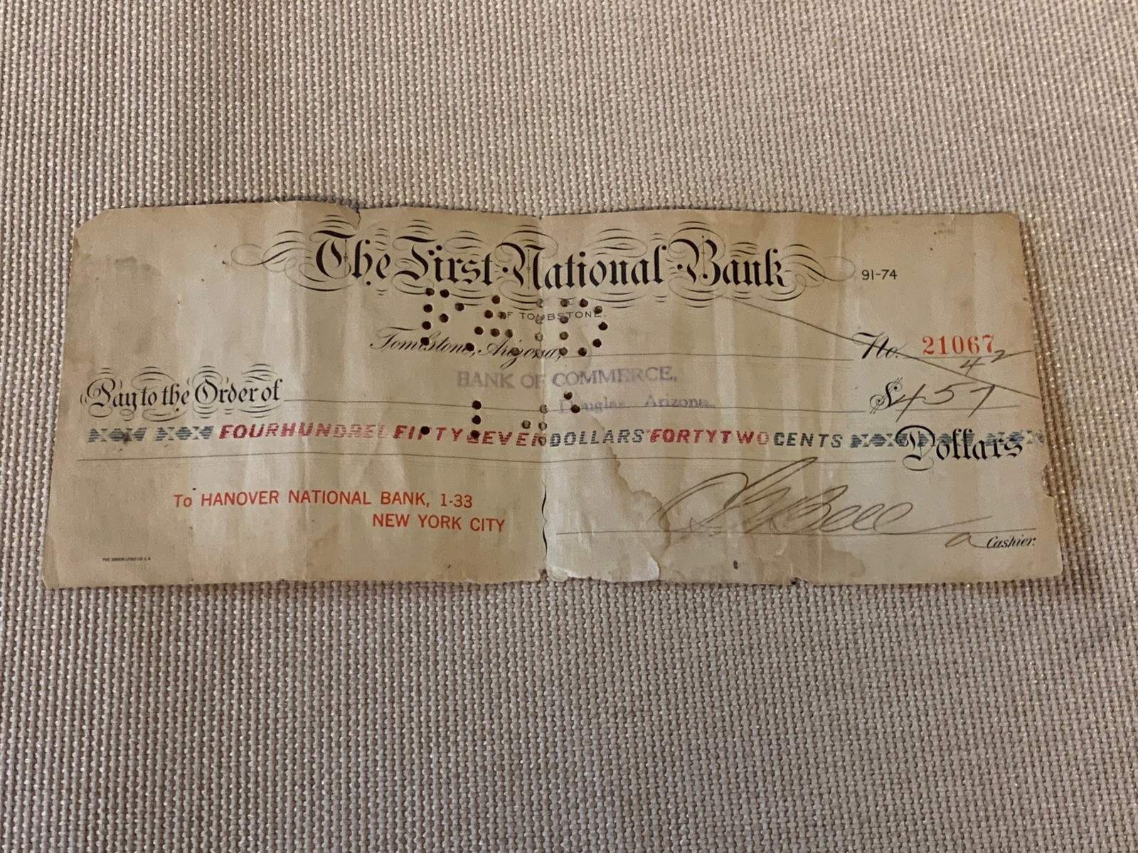 Tombstone Arizona First National Bank Check O G Bell Cashier | eBay