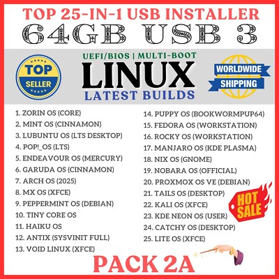 25-in-ONE 64GB-USB LINUX DISTRO MASTER COLLECTION 2025 MULTI-BOOT, UEFI ...