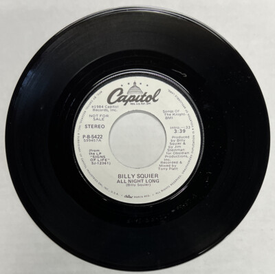 45 rpm Vintage 7” Vinyl Single Hit Record Billy Squier - All Night Long ...