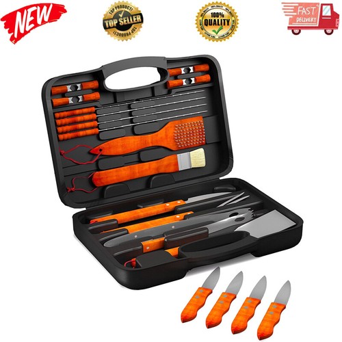 22-Piece Wood BBQ Grill Tool Set CONVENIENT STORAGE 4 Steak Knives ...