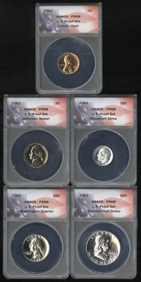 US Coins 1962 Silver Proof Set ANACS PR68 1c to Franklin 50c Lot of 5 ...