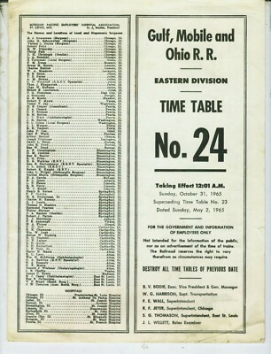 GULF, MOBILE & OHIO GM&O ETT TIMETABLE EASTERN DIVISION #24 10-31-1965 ...