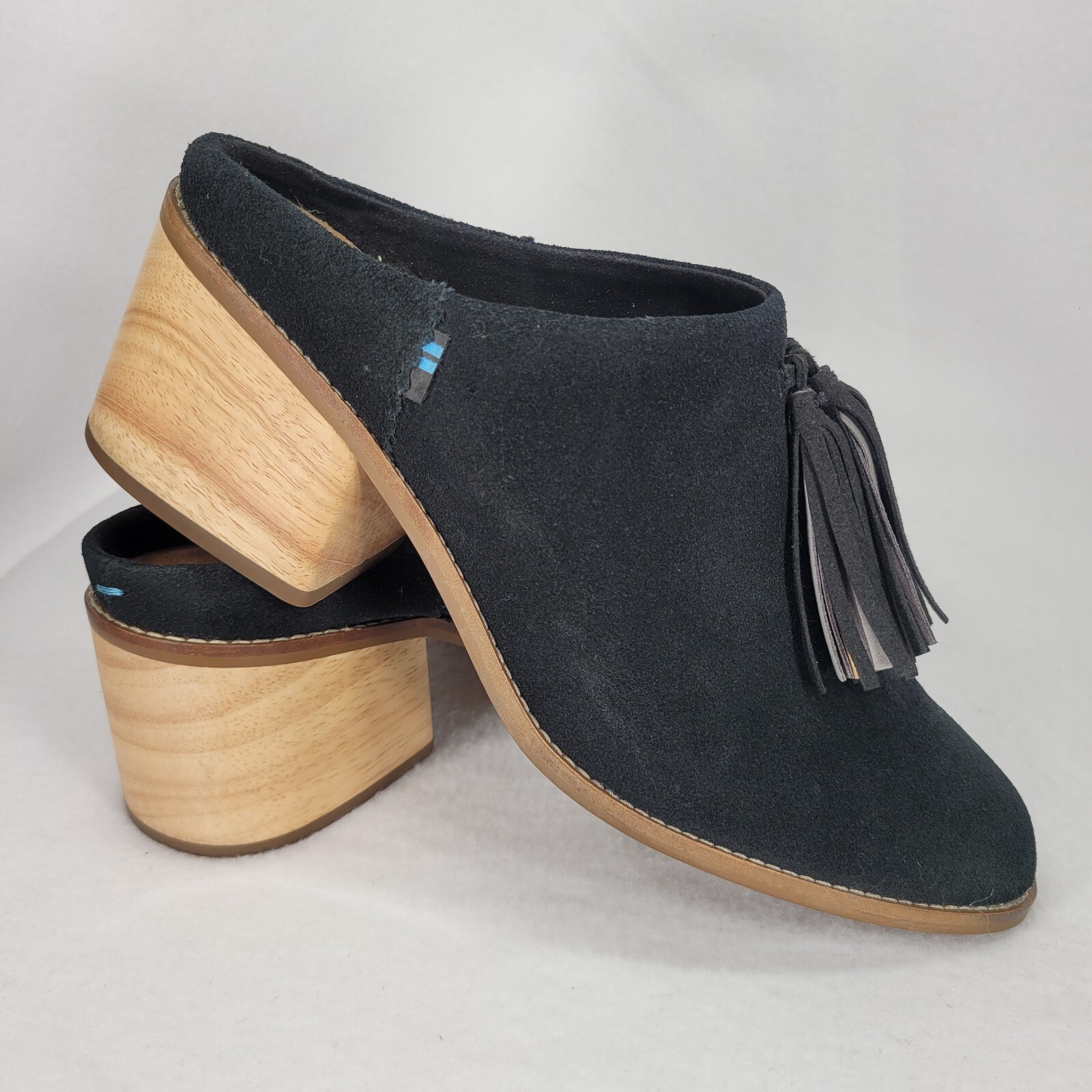 Toms Leila Mule Women Sz 10 Black Suede Leather Fringe Clog Shoe Wood ...